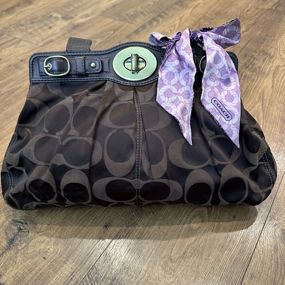 Coach | Bags | Coach Brown Large Fabric Satchel With Purple Bow | Poshmark